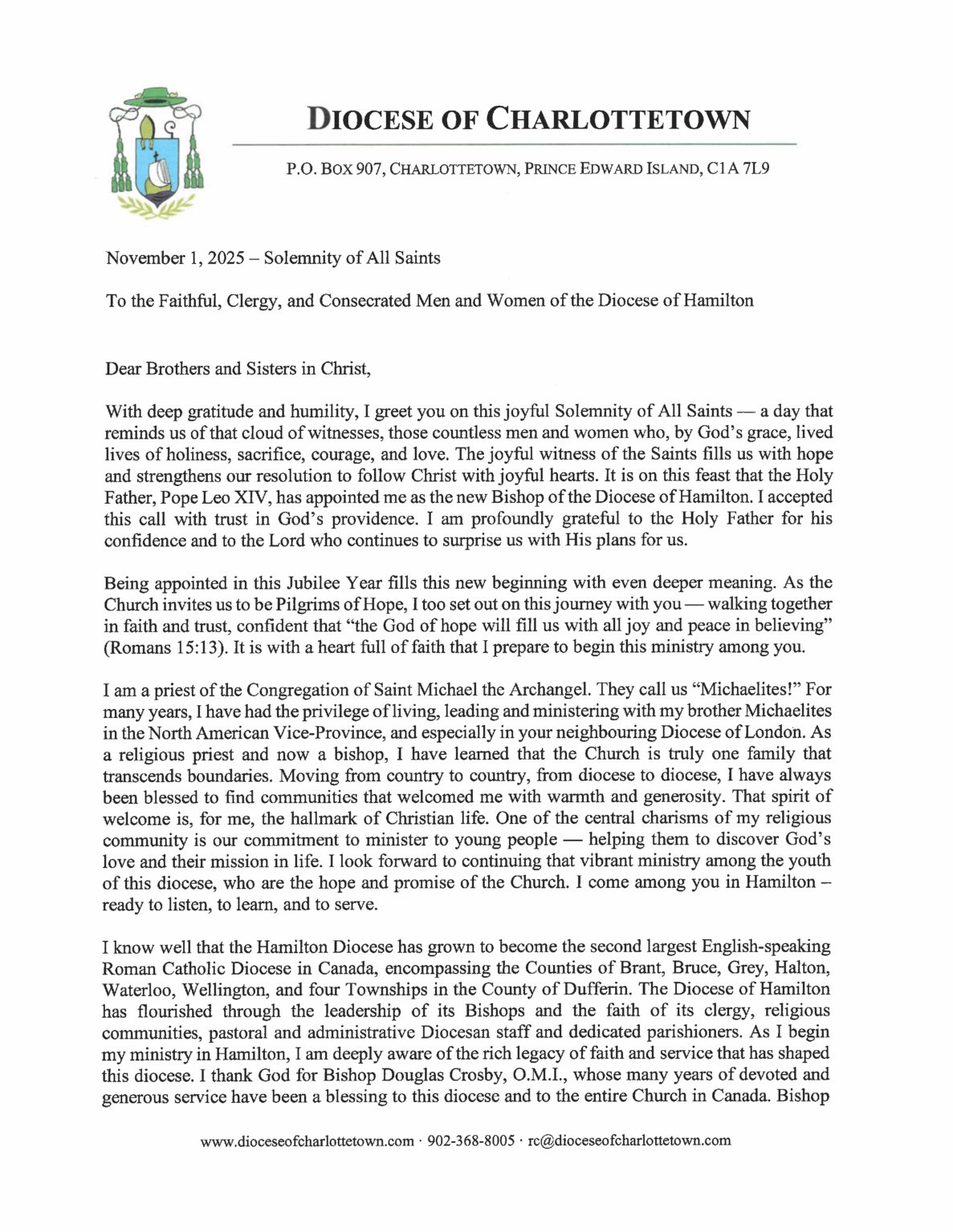 Letter from His Excellency, Bishop Joseph Dabrowski, C.S.M.A. - St ...