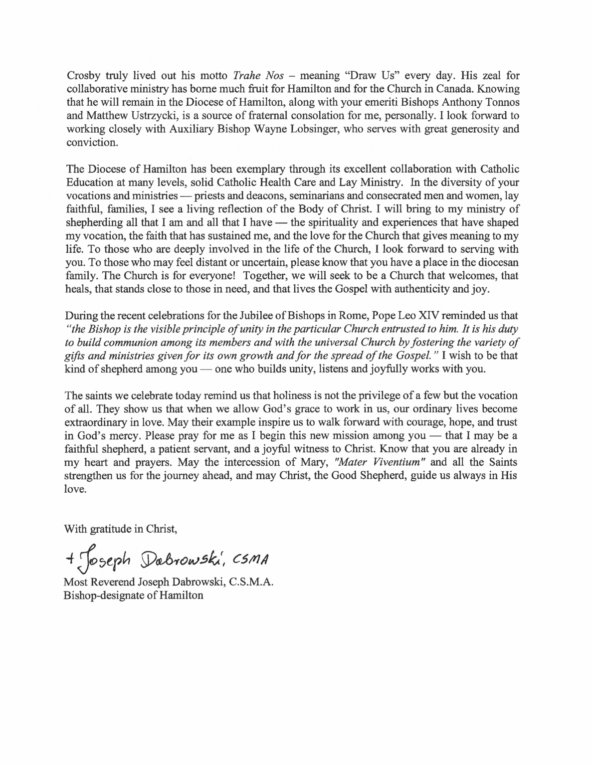 Letter from His Excellency, Bishop Joseph Dabrowski, C.S.M.A. - St ...